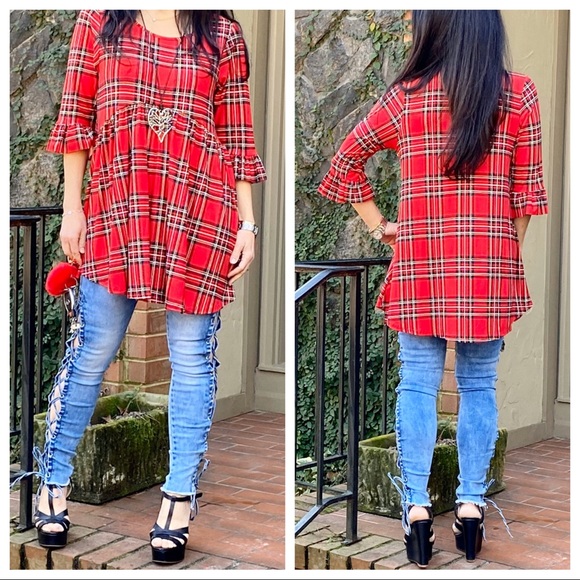 Boutique | Tops | Red Plaid Loose Fit Beautiful Tunic Top | Poshmark